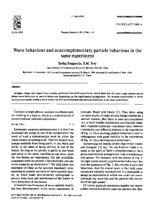 (PDF) Wave behaviour and noncomplementary particle behaviour in the same experiment