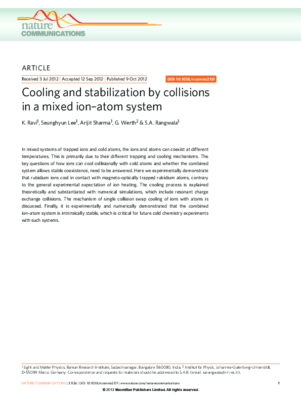 (PDF) Cooling and stabilization by collisions in a mixed ion-atom system