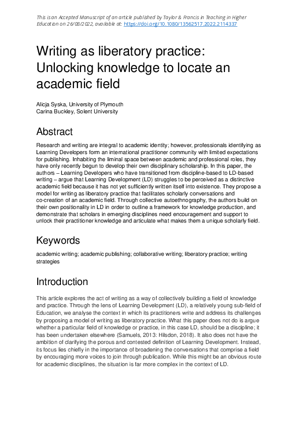 (PDF) Writing as liberatory practice: Unlocking knowledge to locate an ...