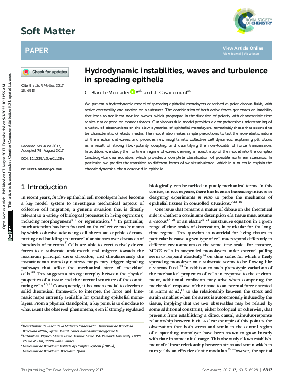 (PDF) Hydrodynamic instabilities, waves and turbulence in spreading epithelia