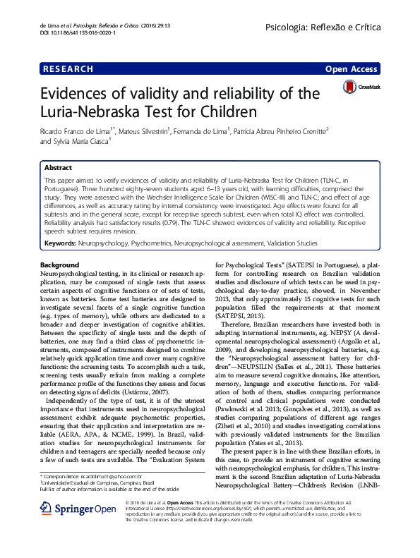 (PDF) Evidences of validity and reliability of the Luria-Nebraska Test ...