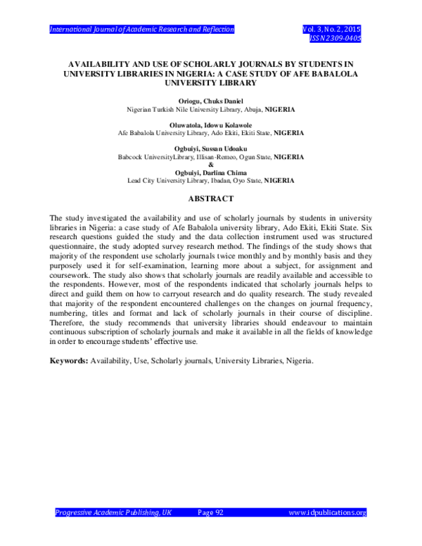 (PDF) Availability and Use of Scholarly Journals by Students in University Libraries in Nigeria ...