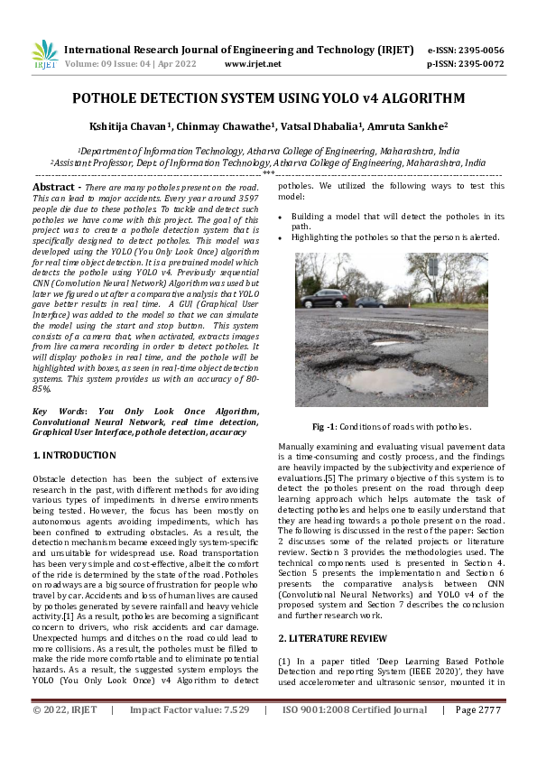 Pdf Pothole Detection System Using Yolo V4 Algorithm