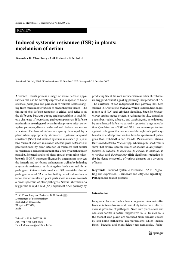 (PDF) Induced systemic resistance (ISR) in plants: mechanism of action