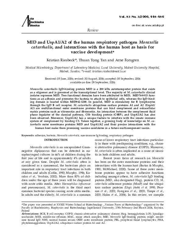 (PDF) MID and UspA1/A2 of the human respiratory pathogen Moraxella catarrhalis, and interactions ...