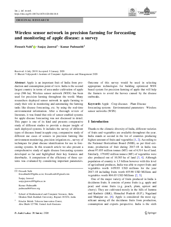 (PDF) Wireless sensor network in precision farming for forecasting and monitoring of apple ...