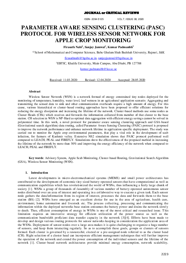 (PDF) Parameter Aware Sensing Clustering (Pasc) Protocol for Wireless Sensor Network for Apple ...