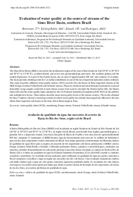 Pdf Evaluation Of Water Quality At The Source Of Streams Of The Sinos
