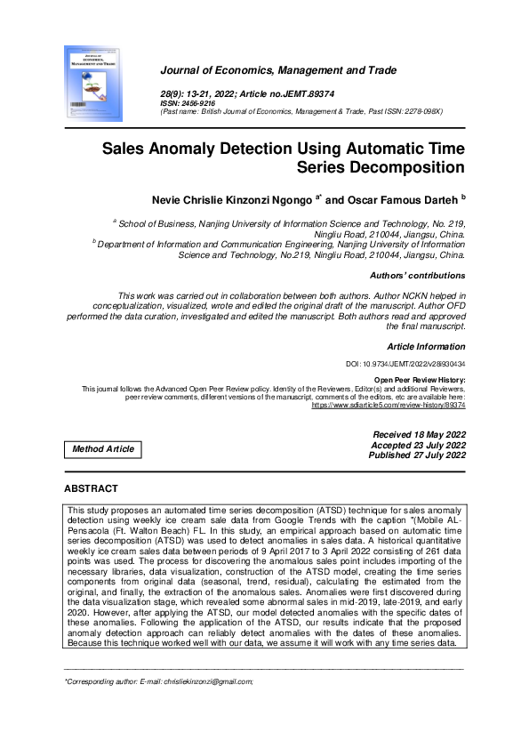 Sales Anomaly Detection Using Automatic Time Series Decomposition