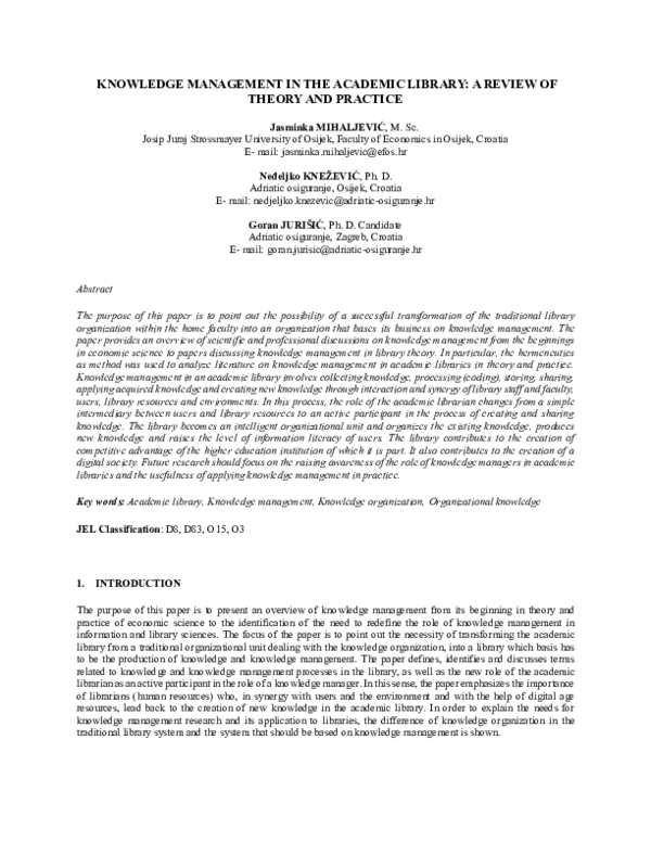 (PDF) KNOWLEDGE MANAGEMENT IN THE ACADEMIC LIBRARY: A REVIEW OF THEORY AND PRACTICE