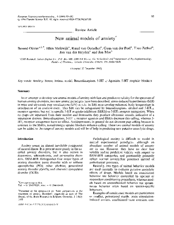 (PDF) New animal models of anxiety