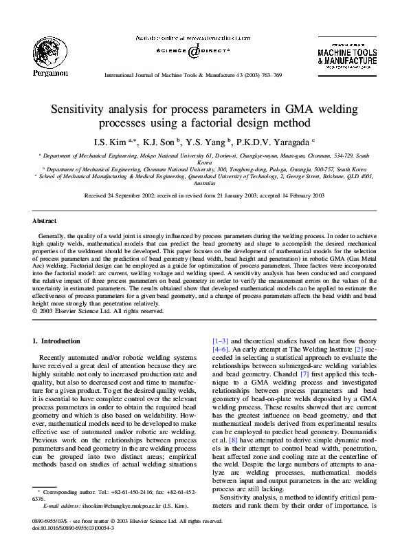(PDF) Sensitivity analysis for process parameters in GMA welding processes using a factorial ...