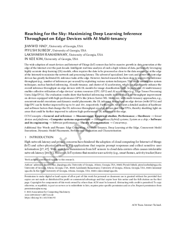 (PDF) Reaching for the Sky: Maximizing Deep Learning Inference Throughput on Edge Devices with ...