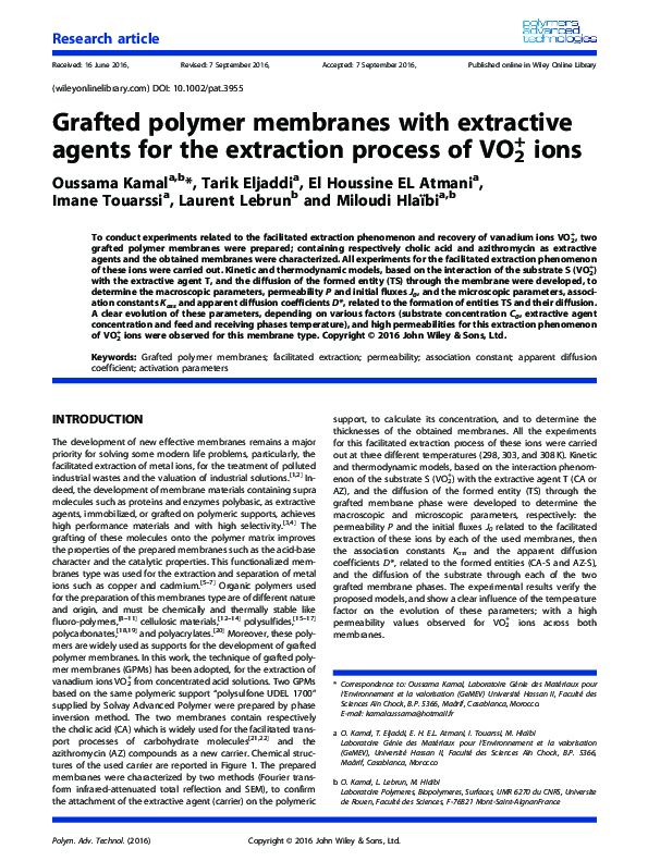 (PDF) Grafted polymer membranes with extractive agents for the ...