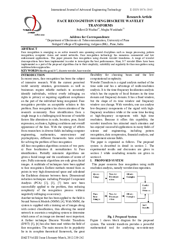 Pdf Face Recognition Using Discrete Wavelet Transforms