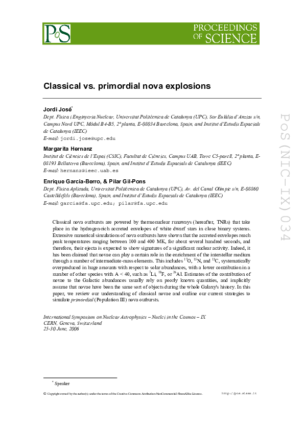 (PDF) Classical vs. Primordial Nova Explosions