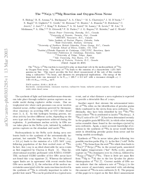 (PDF) Na21(p,γ)Mg22 Reaction and Oxygen-Neon Novae