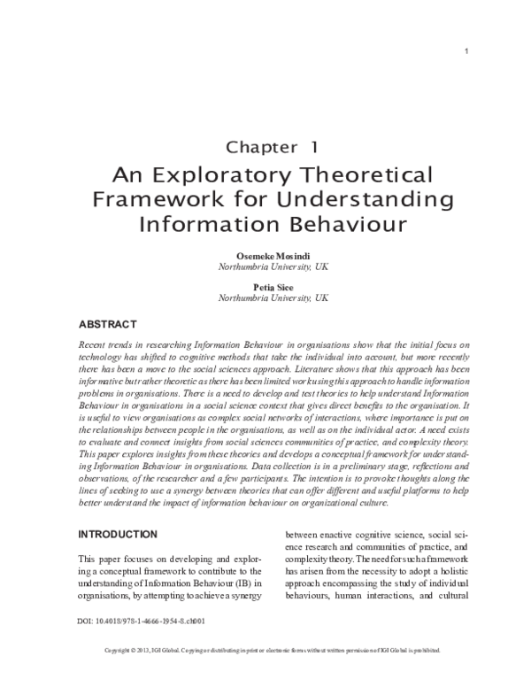 Pdf An Exploratory Theoretical Framework For Understanding Information Behaviour