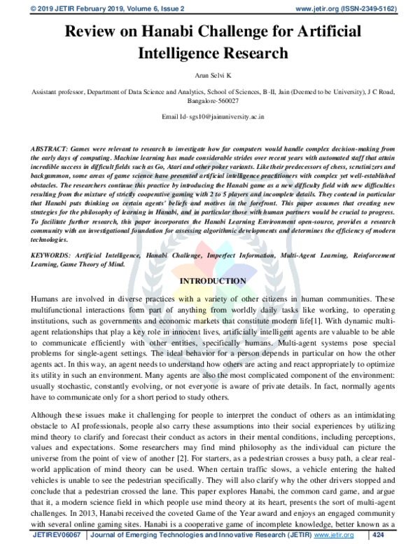 (PDF) Review on Hanabi Challenge for Artificial Intelligence Research