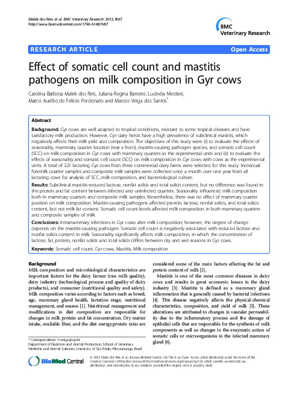 (PDF) Effect of somatic cell count and mastitis pathogens on milk ...