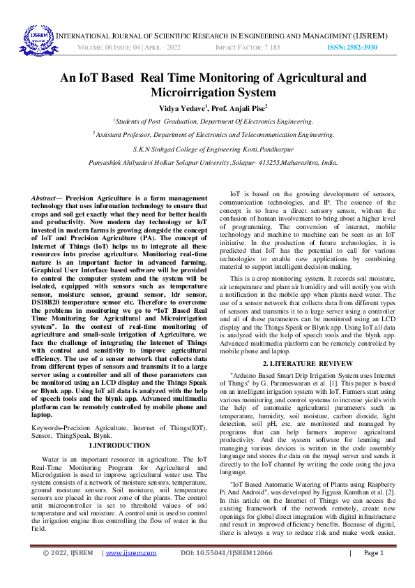 Pdf An Iot Based Real Time Monitoring Of Agricultural And Microirrigation System