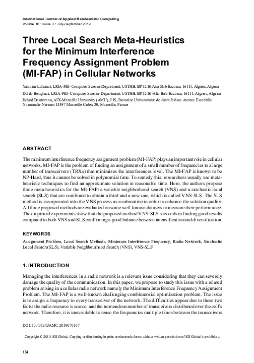 Pdf Three Local Search Meta Heuristics For The Minimum Interference Frequency Assignment 