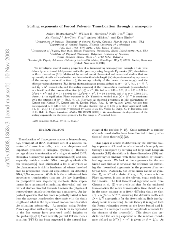 (PDF) Scaling exponents of forced polymer translocation through a nanopore