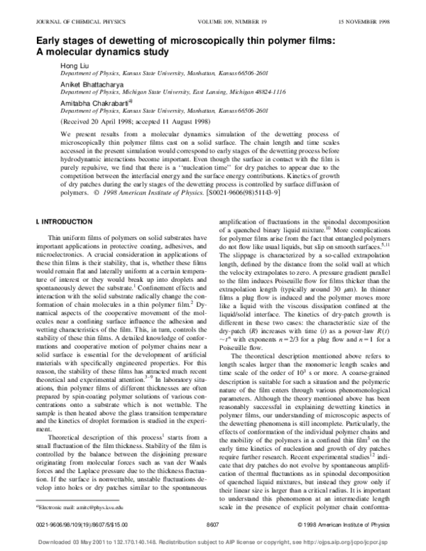 (PDF) Early stages of dewetting of microscopically thin polymer films ...