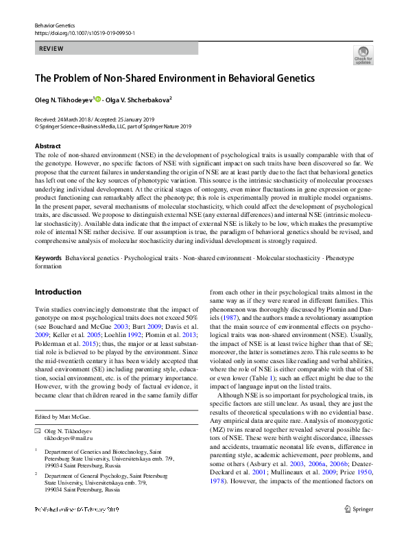 (PDF) The Problem of Non-Shared Environment in Behavioral Genetics