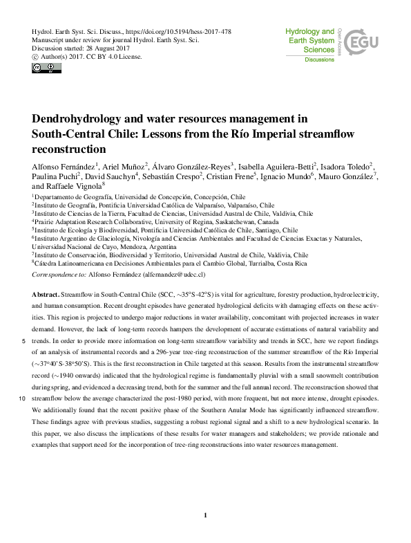 (PDF) Dendrohydrology and water resources management in South-Central Chile: Lessons from the ...