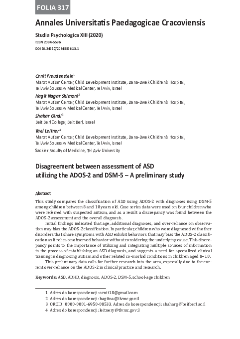 (PDF) Disagreement between assessment of ASD utilizing the ADOS-2 and DSM-5 – A preliminary study