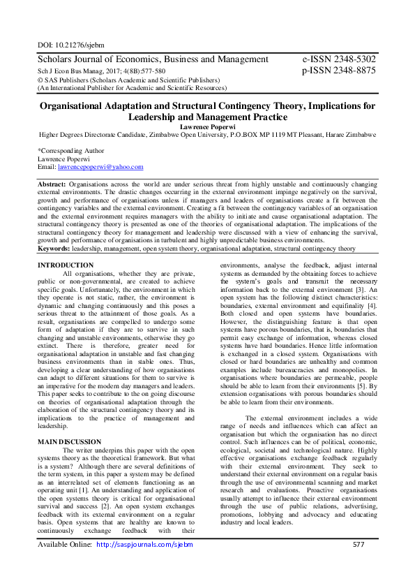(PDF) Organisational Adaptation and Structural Contingency Theory ...