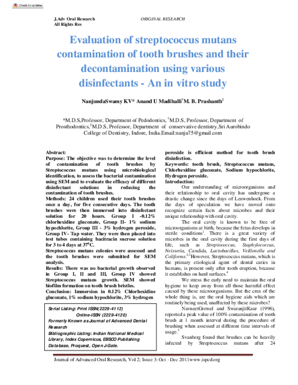 (PDF) Evaluation of streptococcus mutans contamination of tooth brushes ...