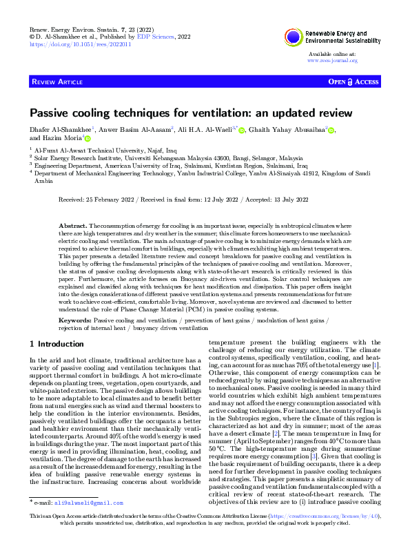 (PDF) Passive cooling techniques for ventilation: an updated review