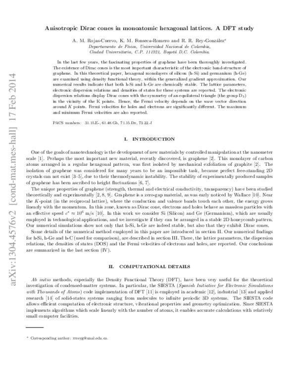 (PDF) Anisotropic Dirac cones in monoatomic hexagonal lattices: a DFT study