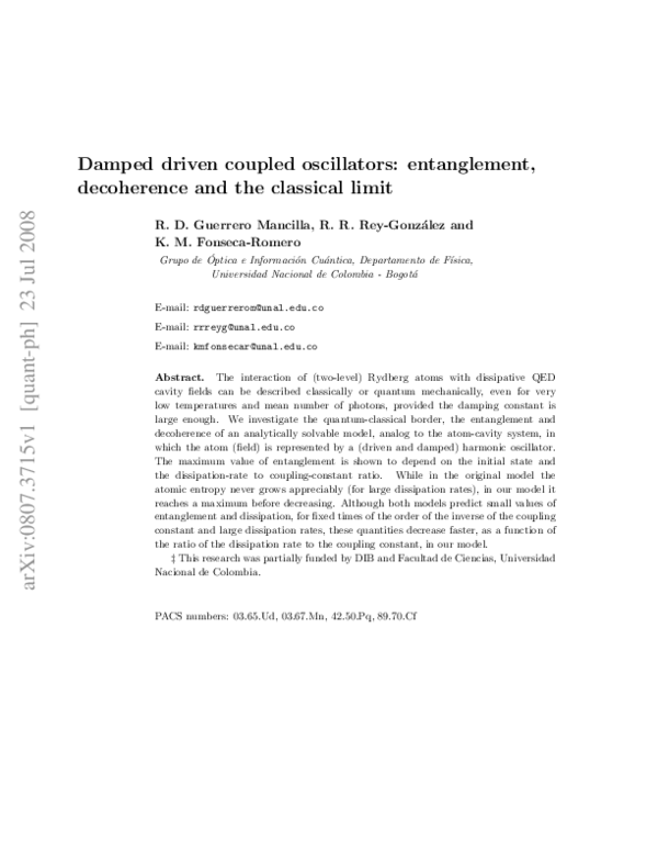 (PDF) Damped driven coupled oscillators: entanglement, decoherence and ...
