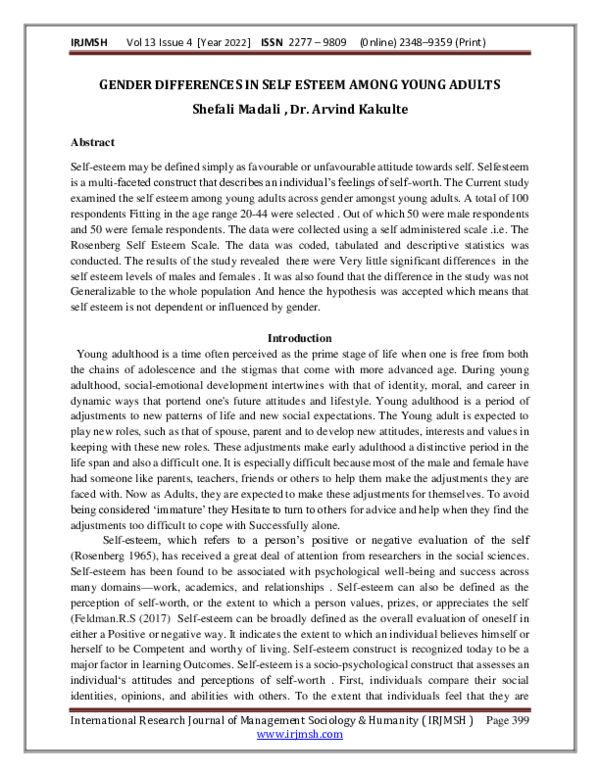 (PDF) GENDER DIFFERENCES IN SELF ESTEEM AMONG YOUNG ADULTS