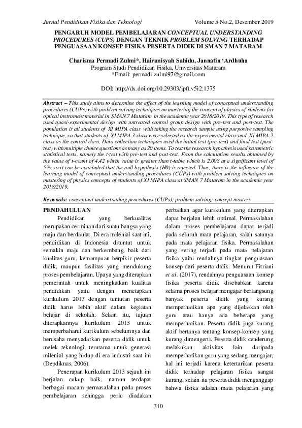 (PDF) Pengaruh Model Pembelajaran Conceptual Understanding Procedures ...