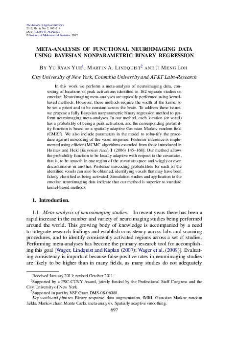 Pdf Meta Analysis Of Functional Neuroimaging Data Using Bayesian Nonparametric Binary Regression