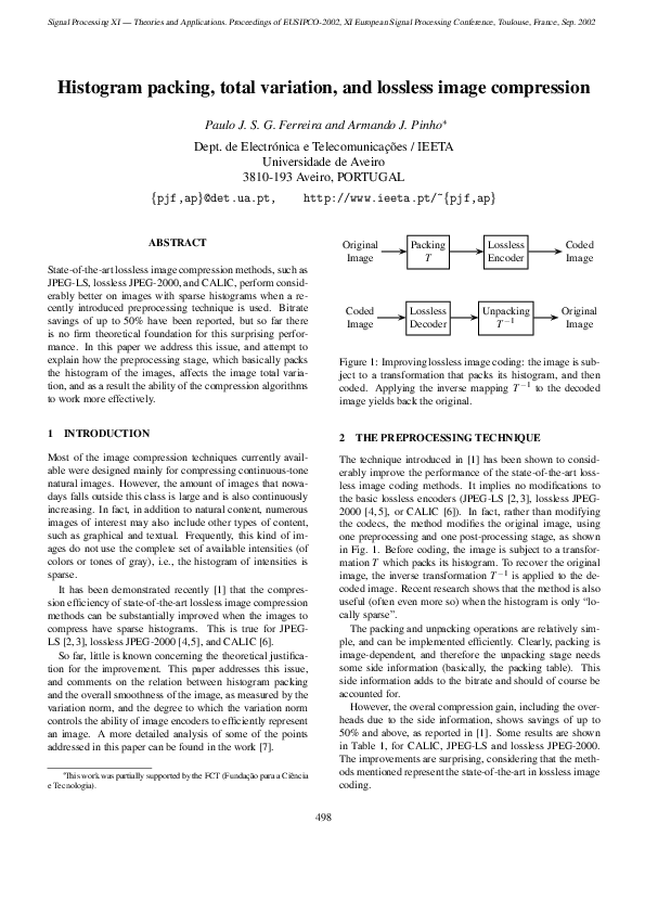 (PDF) Histogram Packing, Total Variation, And Lossless Image Compression