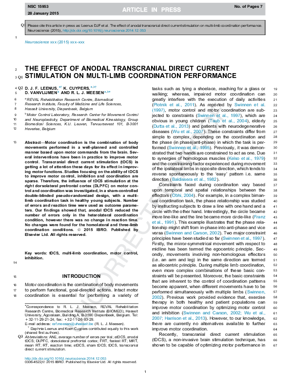 (PDF) The effect of anodal transcranial direct current stimulation on ...