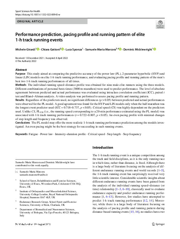 (PDF) Performance prediction, pacing profile and running pattern of elite 1-h track running events