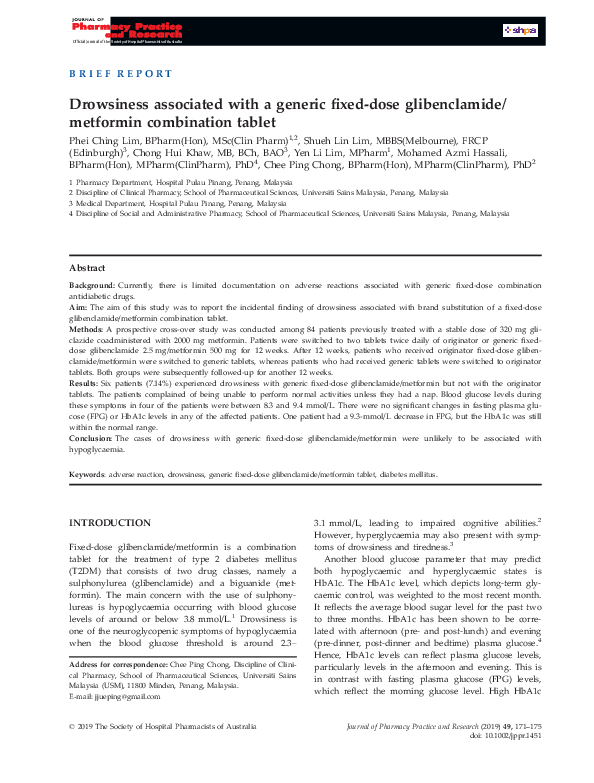 (PDF) Drowsiness associated with a generic fixed‐dose glibenclamide ...