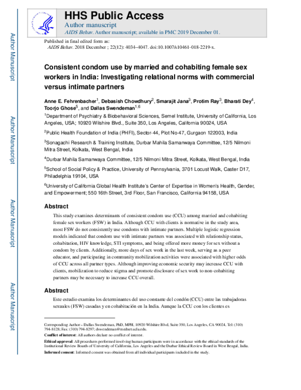 (PDF) Consistent Condom Use by Married and Cohabiting Female Sex Workers in India: Investigating ...