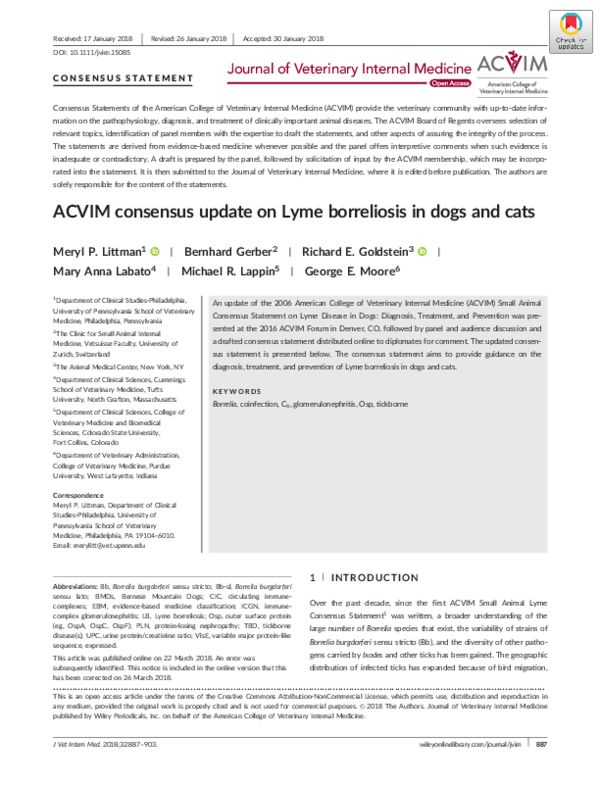 (PDF) ACVIM consensus update on Lyme borreliosis in dogs and cats