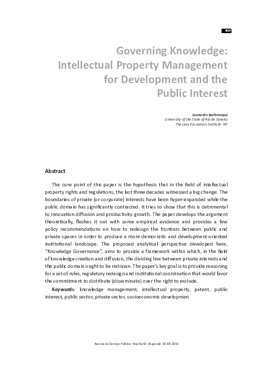 (PDF) Knowledge governance: intellectual property management for development and the public interest