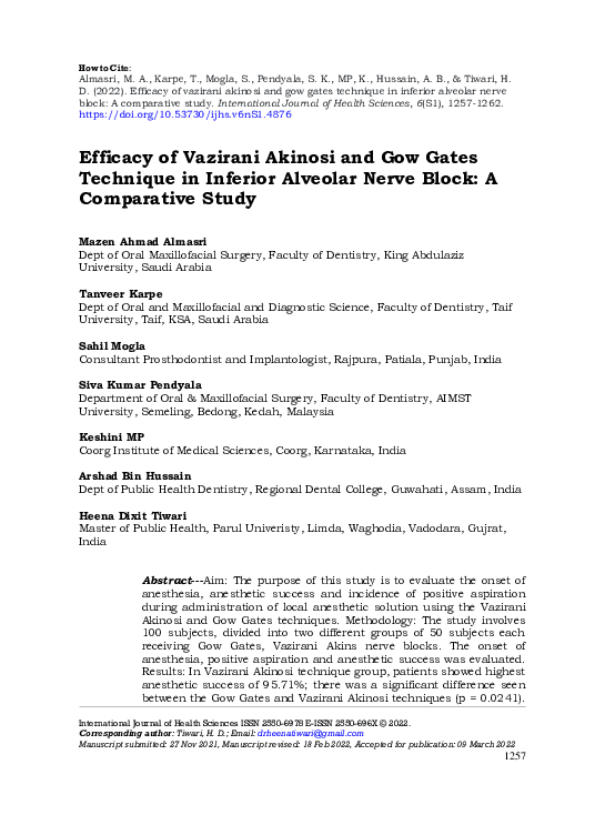(PDF) Efficacy of vazirani akinosi and gow gates technique in inferior ...