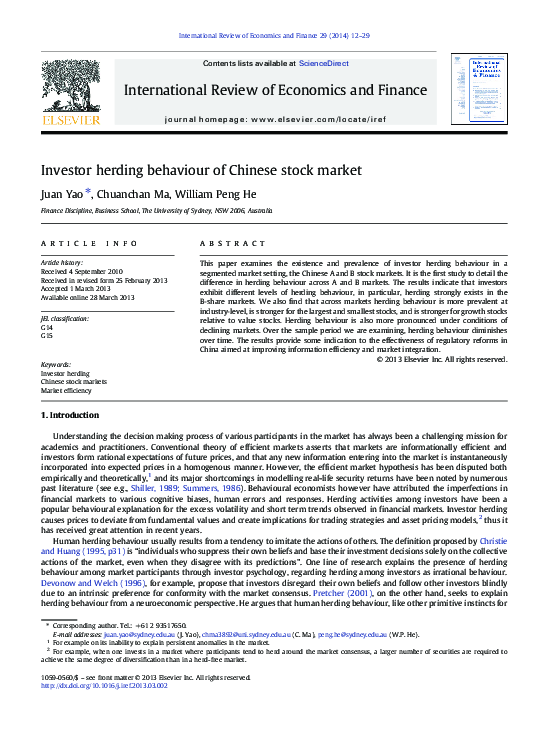 Pdf Investor Herding Behaviour Of Chinese Stock Market