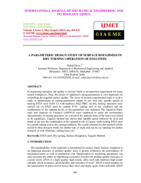 Pdf Optimization Of Surface Roughness In Wet Turning Operation Of High Carbon High Chromium Steel
