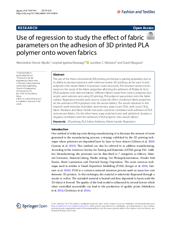 (PDF) Use of regression to study the effect of fabric parameters on the adhesion of 3D printed ...